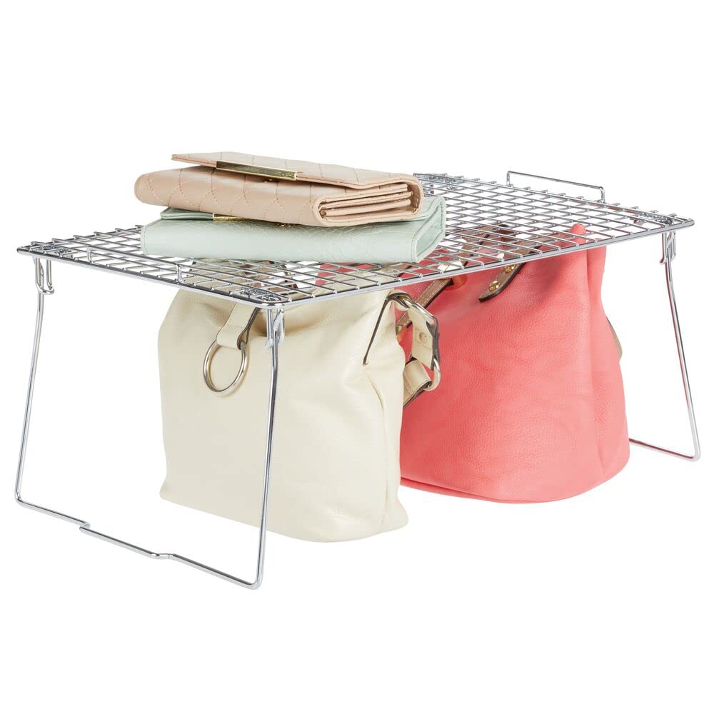 mDesign Farmhouse Metal Stackable Storage Shelf - Closet, Cabinet, Countertop 2-Tier Raised Organizer - for Bedrooms, Bathrooms, Entryways, Hallways, 4 Pack - Chrome
