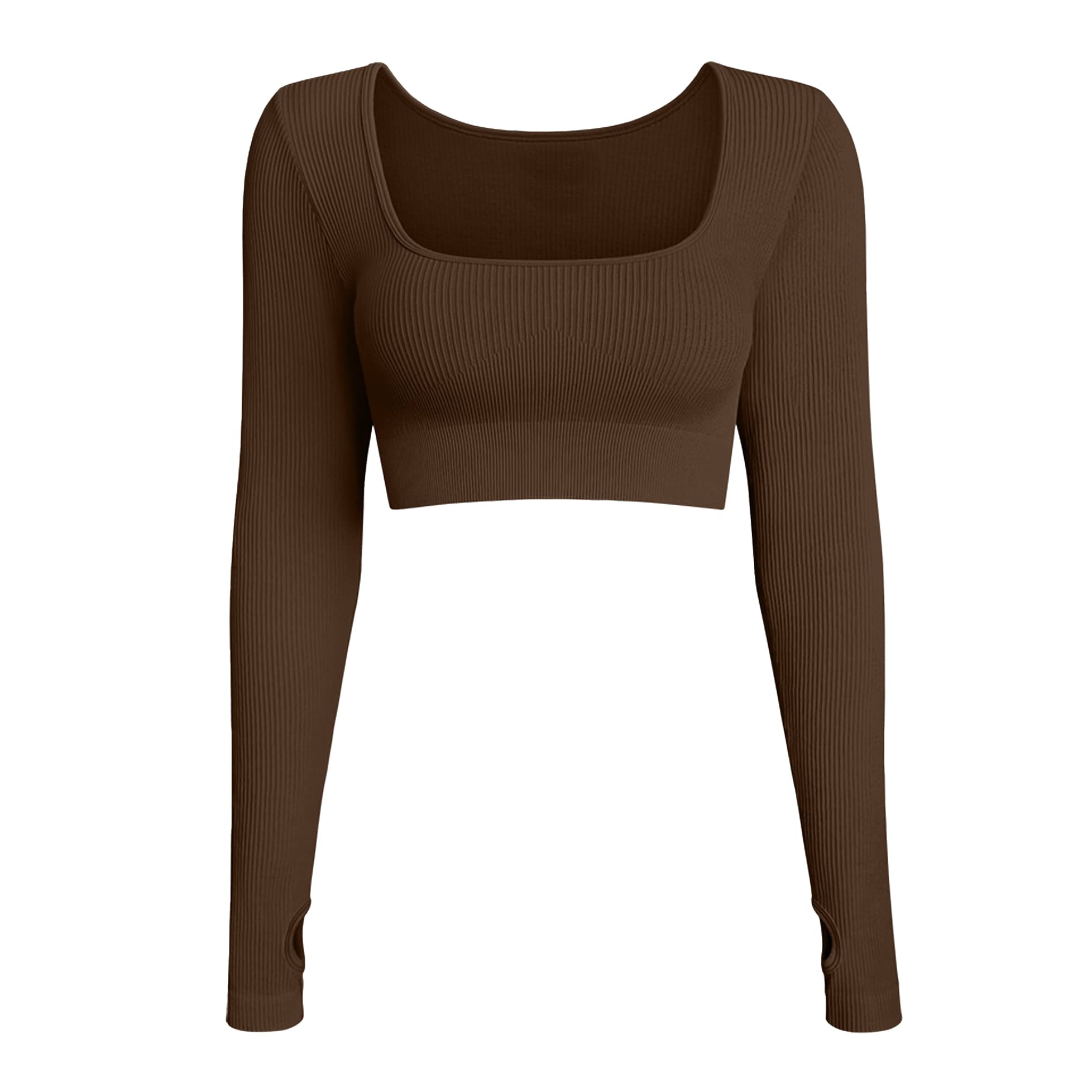 SeeLuNa Women's Cropped Top Ribbed Long Sleeve Workout Top Seamless Yoga Tops(Coffee,M)