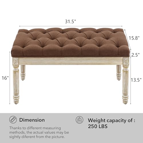 LOULENS French Vintage Bench, Linen Fabric Entryway Bench, Upholstered Tufted End of Bed Bench with Brushed Wood Legs, Dark Grey