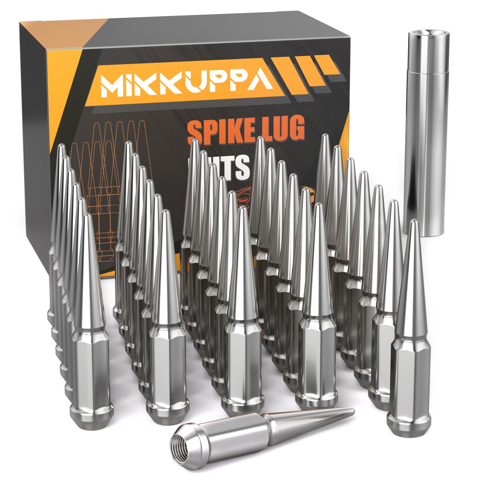 MIKKUPPA M14x2.0 Spike Lug Nuts - 32PCS Chrome 14mmx2.0 Spiked Lug Nuts, Replacement for 1994-2014 Ford F150, 1997-2013 Expedition, Solid 4.4" Tall Acorn Lug Nut with 1 Socket Key
