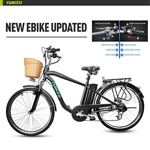 NAKTO 26" 250W City Electric Bicycle Sporting 6- Speed Gear EBike with Removable 250W 36V10A Lithium Battery