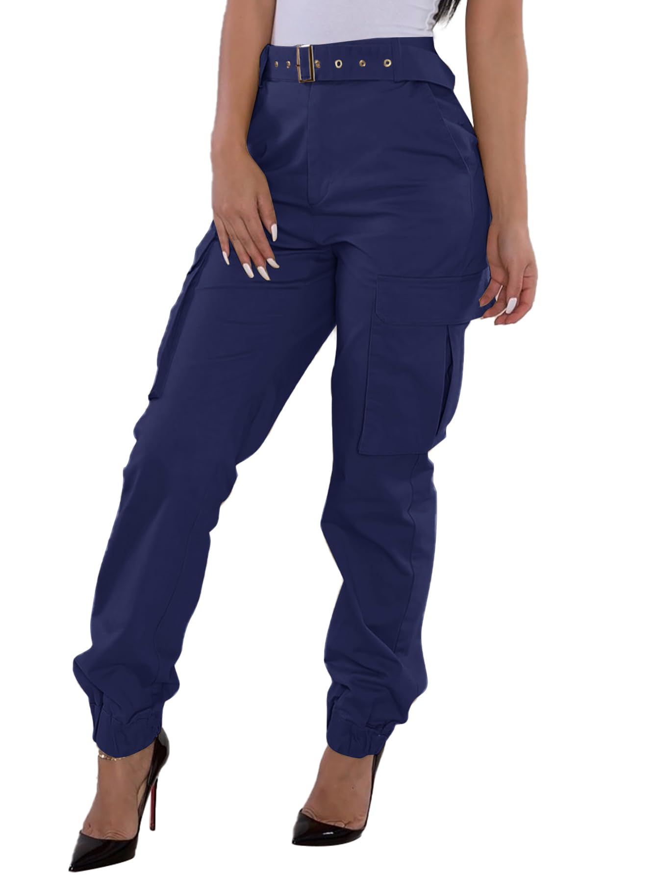 LYANER Women's Casual Cargo High Waisted Solid with Pocket Baggy Jogger Pants Khaki Medium