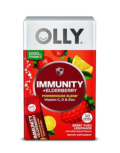 OLLY Immunity Powder, Daytime Immune Support, Elderberry, Vitamin C, D, Zinc, Fizzy Drink Mix, Berry Yuzu Lemonade - 10 Count