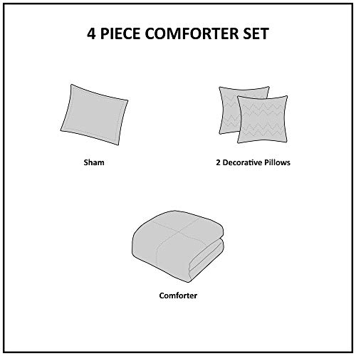 Madison Park Comforter Set-Textured Luxury Design All Season Down Alternative Bedding, Matching Sham, Decorative Pillows, King (104 in x 92 in), Delancey, Cotton Ruched White, 4 Piece
