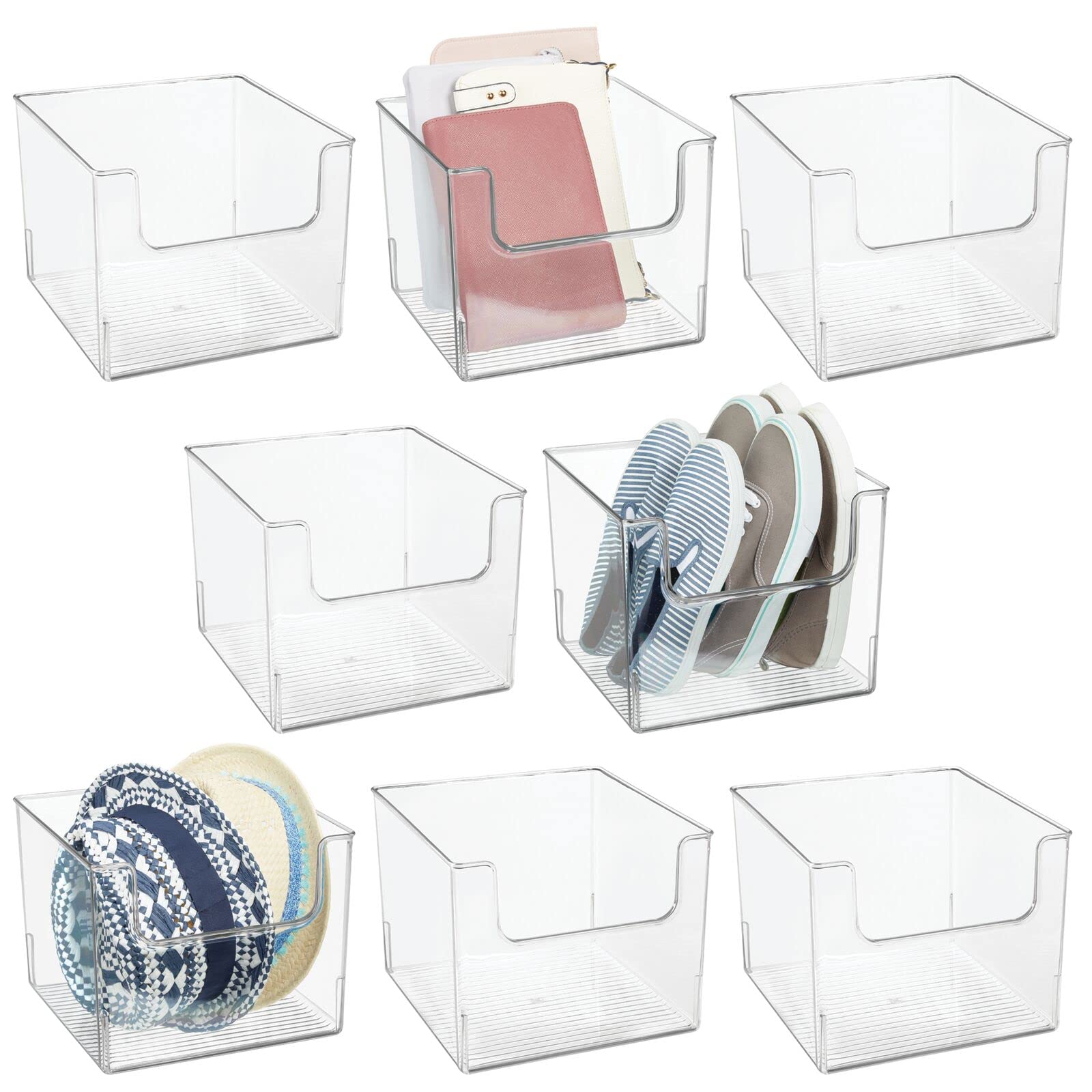 mDesign Modern Plastic Open Front Dip Storage Organizer Bin Basket for Closet Organization - Shelf, Cubby, Cabinet, and Cupboard Organizing Decor - Ligne Collection - 8 Pack - Clear