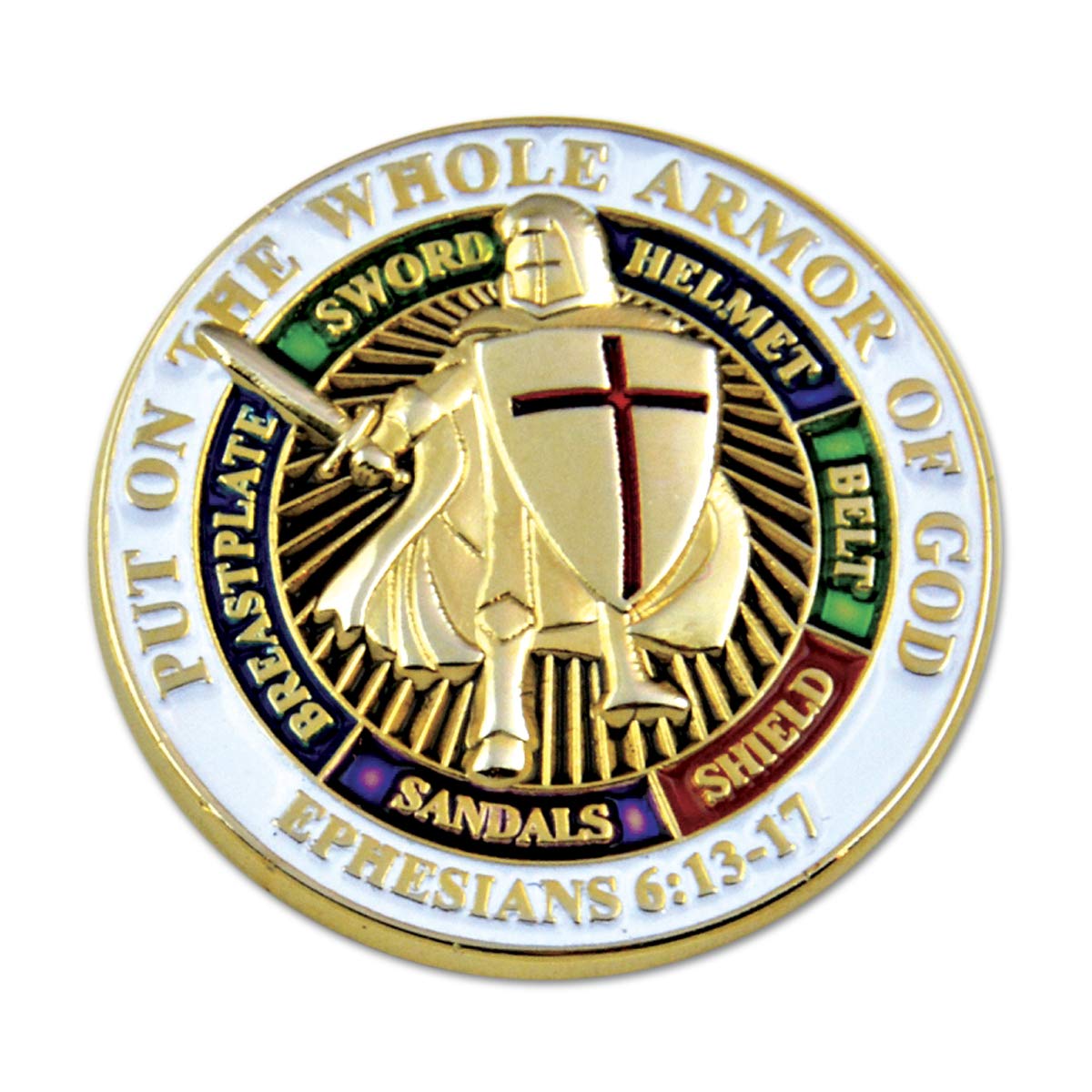 Knights Templar Put on the Whole Armor of God Round Masonic Lapel Pin - [White & Gold][1'' Diameter]