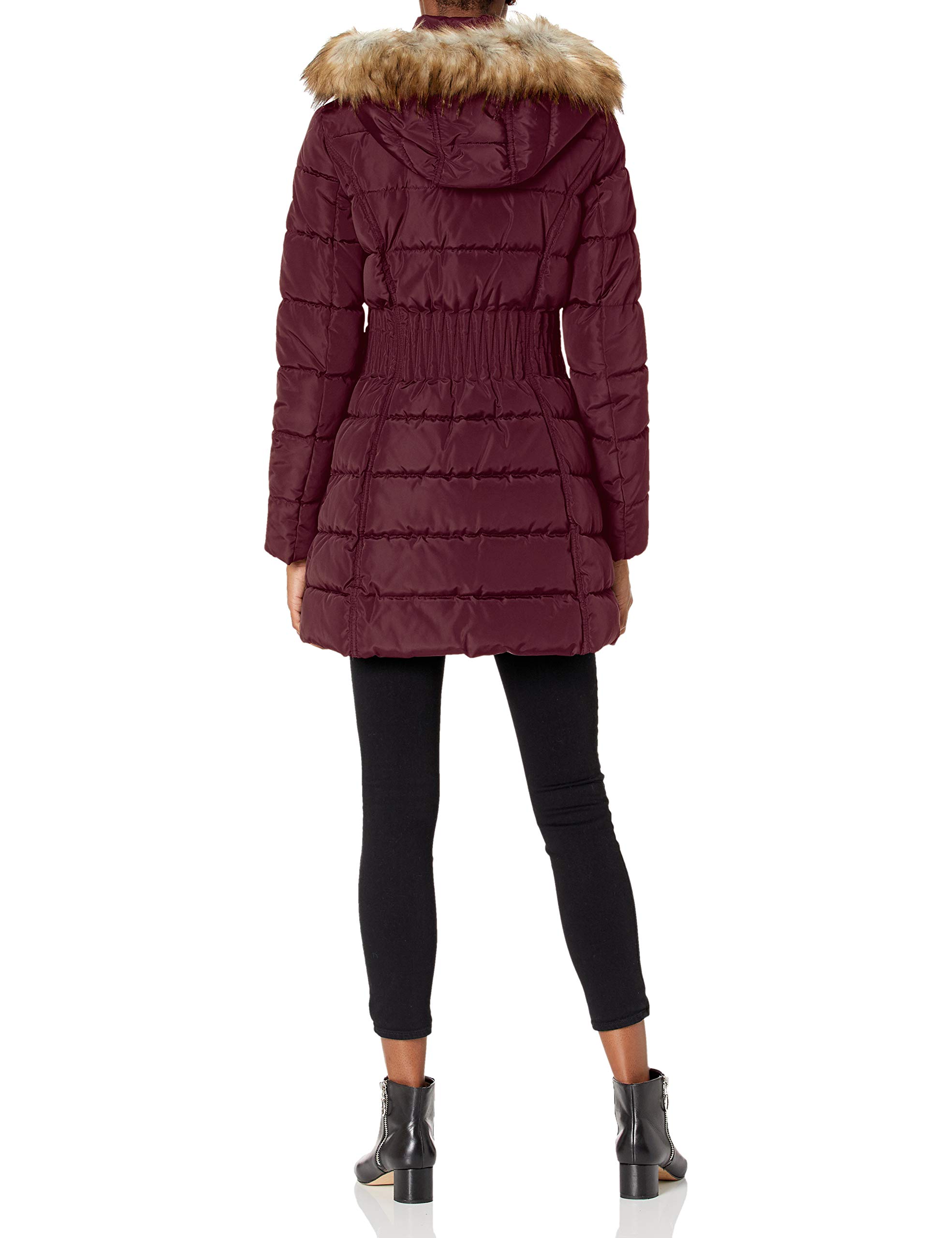 Laundry By Shelli Segal Women's 3/4 Puffer Jacket with Zig Zag Cinched Waist and Faux Fur Trim Hood, Dark Olive, X-Small