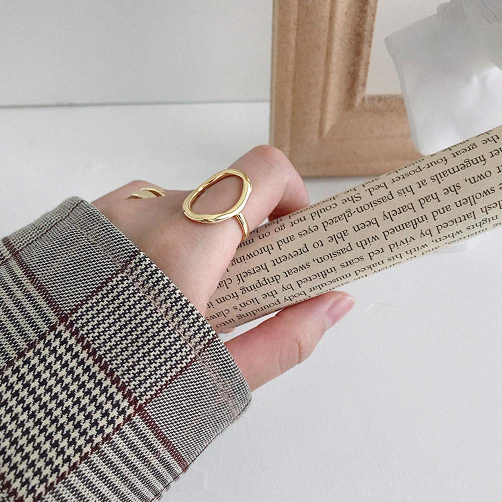 Oval Round Loop Open Statement Sterling Silver Ring for Women Men Minimalist Geometic Circle Wedding Eternity Band Adjustable Knuckle Rings Fashion Jewelry (Yellow Gold)