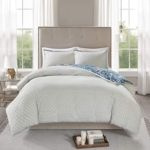 Madison Park Eden 3 Piece Cotton Printed Reversible Duvet Cover Set, Full/Queen(90"x90"), Navy
