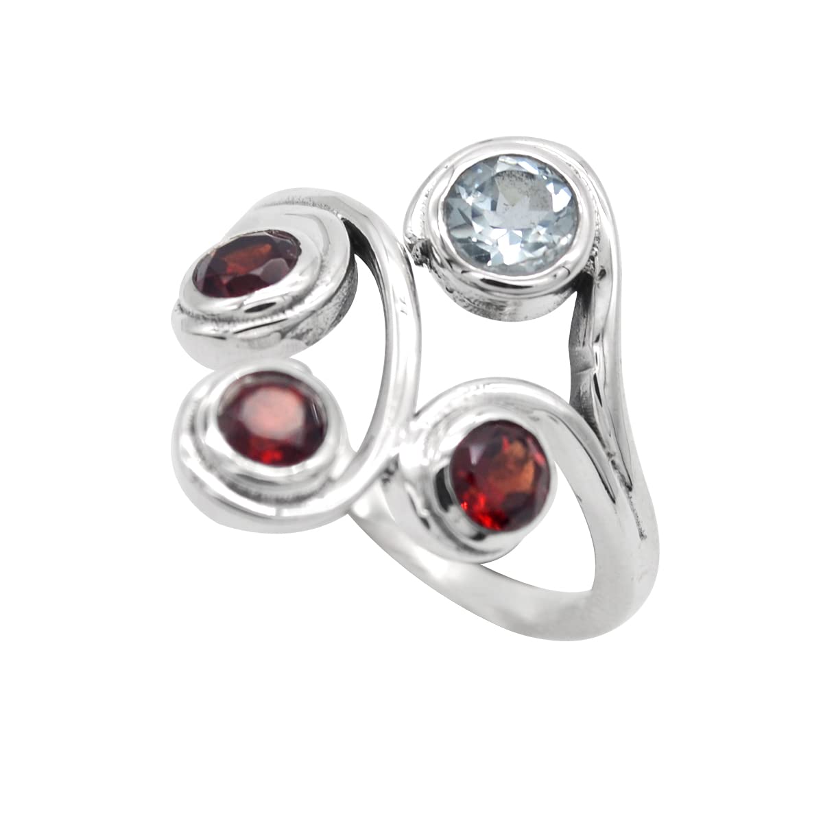 SILVER DESIGN 925 Sterling Silver Ring Solid Round Cut Multi Stone Ring Natural Red Ganet and Blue Topaz (1.87 Cts) Gemstone - 8 Us Size (SD-0128_8)