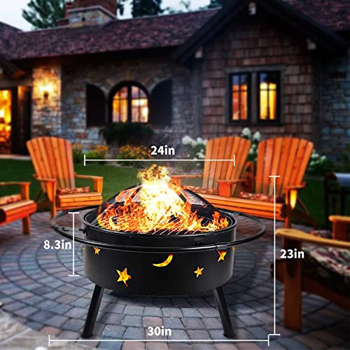 WASAKKY Fire Pits Wood Burning Grill - 30” Round Steel Deep Bowl Firepit - Backyard Cosmic,Stars and Moons Firepit 2-in-1 for Outside Patio Cooking Black