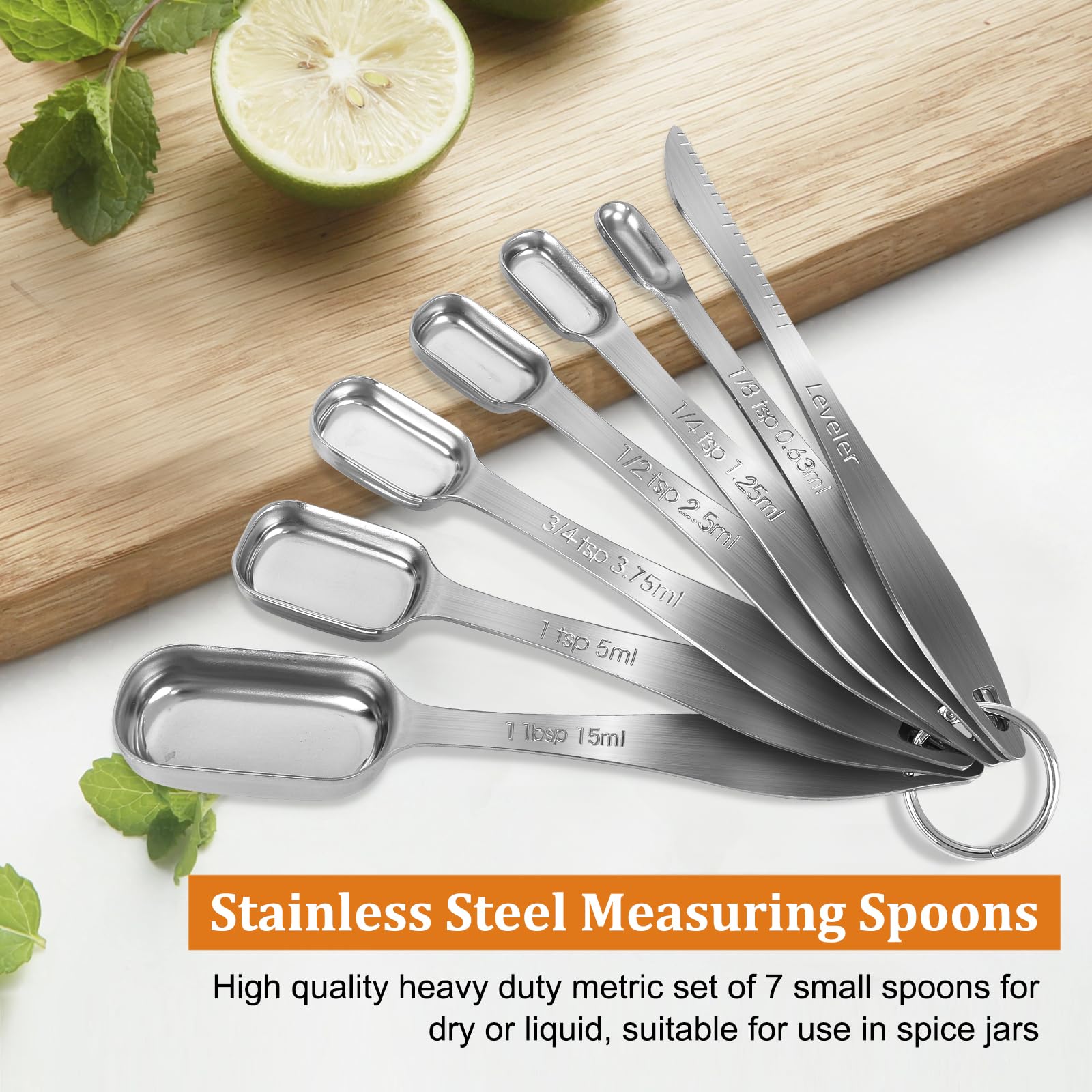 Stainless Steel Measuring Spoons, Premium Heavy Duty Metric Small Tablespoon 7-piece set:1/8 tsp, 1/4 tsp, 1/2 tsp, 3/4 tsp, 1 tsp & 1 tbsp-for Dry or Liquid, Fits in Spice Jar, Including Leveler