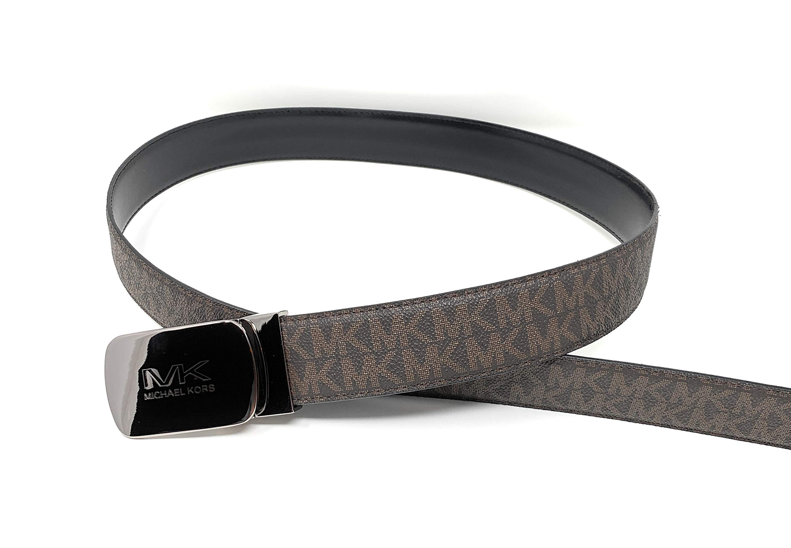 Michael Kors Men's Cut to Fit Reversible PVC Leather MK Plaque Belt (Brown)