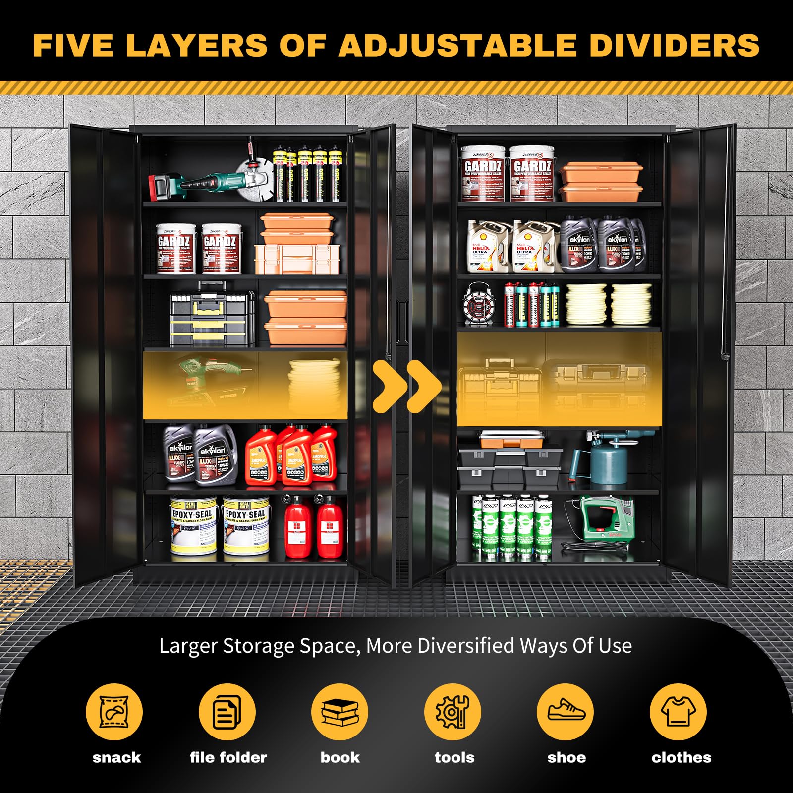 ZAOUS Metal Storage Cabinet with Lock,71'' Garage Storage Cabinet with 5 Adjustable Shelves, Tall Tool Cabinets for Garage, Home, Office, Gym, School,Black