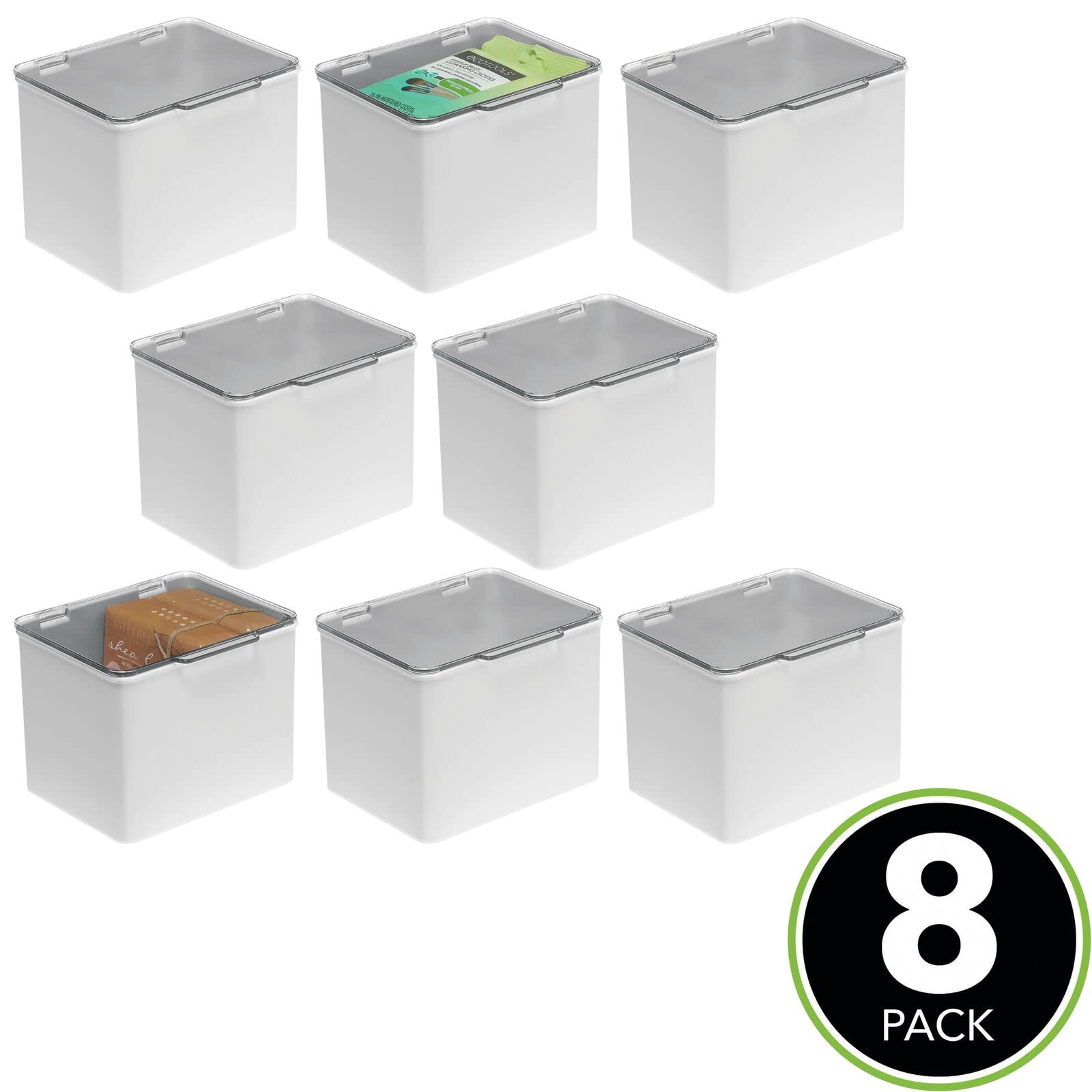 mDesign Plastic Bathroom Storage Organizer Box w/ Hinge Lid for Closet, Shelf, Cupboard, Vanity, Hold Medicine, Lotion, Cotton Swabs, Masks, Styling Tools, Lumiere Collection, 8 Pack, Stone/Clear