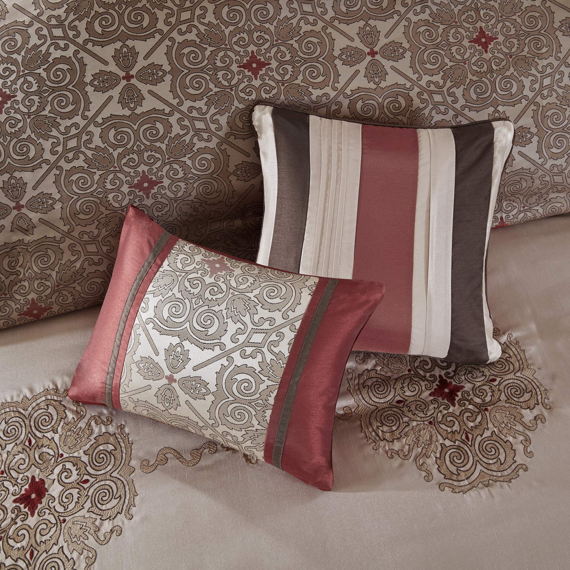 Madison Park Essentials Delaney 24-Piece Room In A Bag Comforter Set-Satin Jacquard, All Season Luxury Bedding, Sheets, decorative pillows and Curtains, Valance, Cal King(104"x92"), Medallion Red