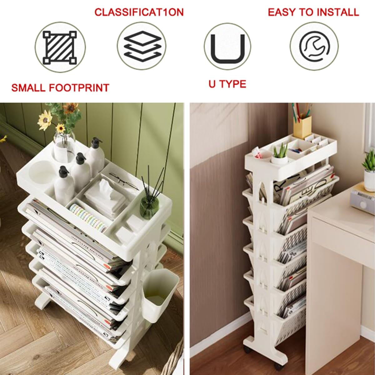 Movable Classroom Deskside Bookshelf, Desk Storage Organizer with Caster Wheels, 6-Tier Storage Trolley Under Desk, Adjustable Rolling Cart Organizer Multifunctional Rolling Cart with Hanging Cups