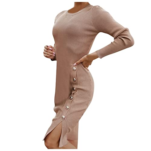 Pinkpaopao Sweater Wrap Dress for Women Side Button Split Midi Dress Long Sleeve Crewneck Elastic Dress