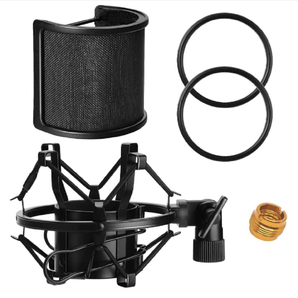 Microphone Shock Mount with Pop Filter,Anti-Vibration Suspension Microphone Shock Mount Bonus Screw Adapter Mic Mount Holder Clip for Diameter 48mm-53mm (18.8 inch- 2.0inch) Microphone