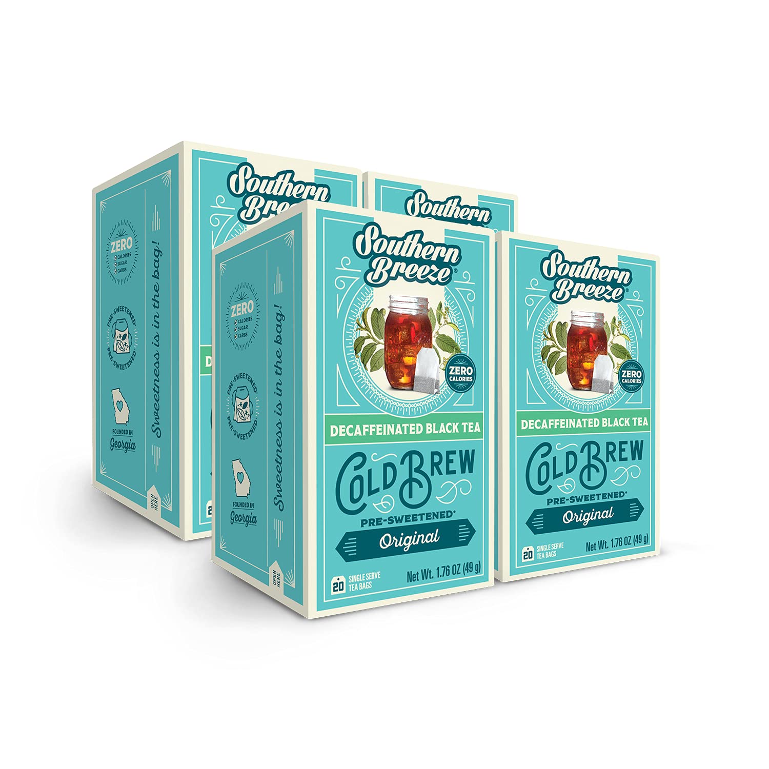 Southern Breeze Decaf Cold Brew Sweet Tea Original Iced Tea with Black Tea and Zero Carbs Zero Sugar, 20 Individually Wrapped Tea Bags, Pack of 4