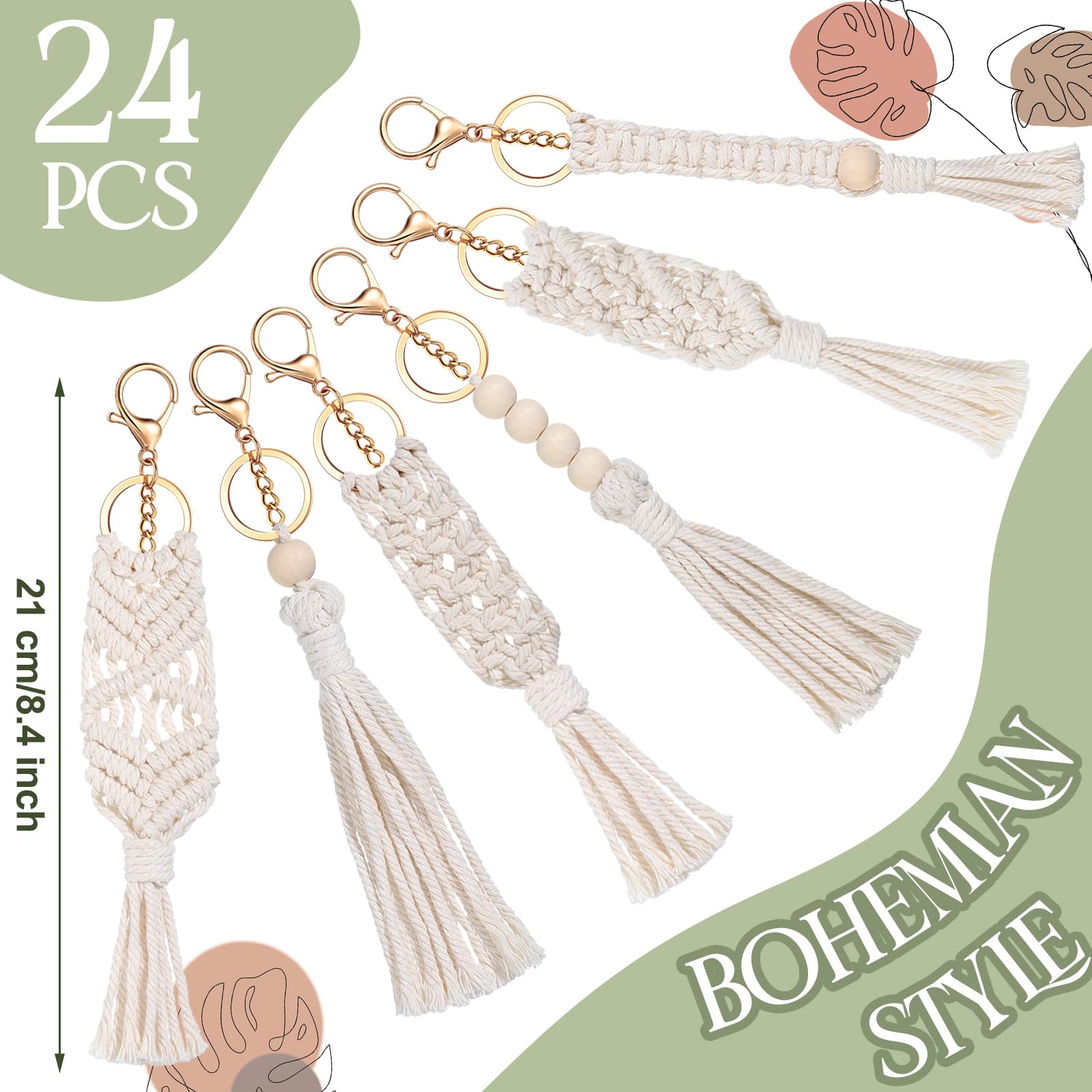 Nosiny 24 Pieces Boho Macrame Keychains Mini Cute Handcrafted Tassel Keychain Macrame Bag Charms Aesthetic Keychain with Tassel for Women Car Key Purse Phone Wallet Party Supplies, Beige
