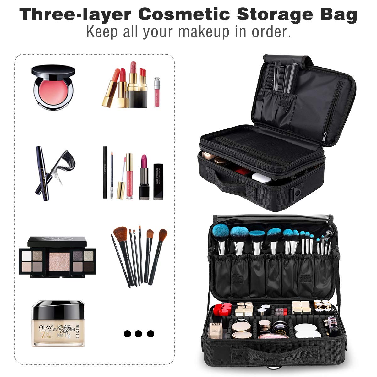 MoKo Travel Cosmetic Bags, Professional Nylon Cosmetic Makeup Case Bag Box Organizer with Handle & Adjustable Dividers Compartments for Cosmetics Makeup Brushes Tools Skincare Products – Black
