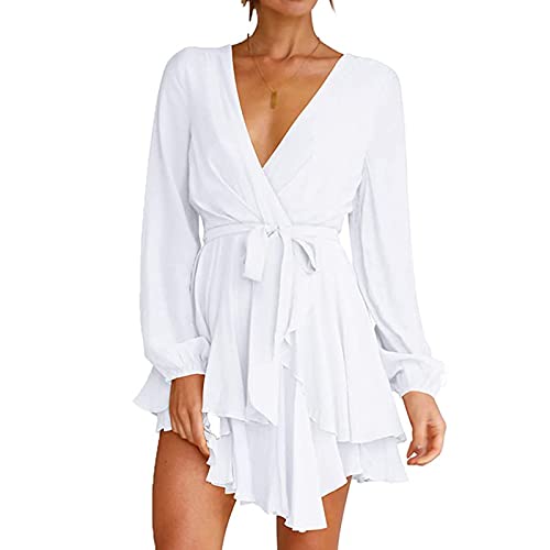 Pinkpaopao Women Deep V-Neck Flowy Dress Self Belt Long Sleeve Layered Swing Dress Solid Color Mini Dress