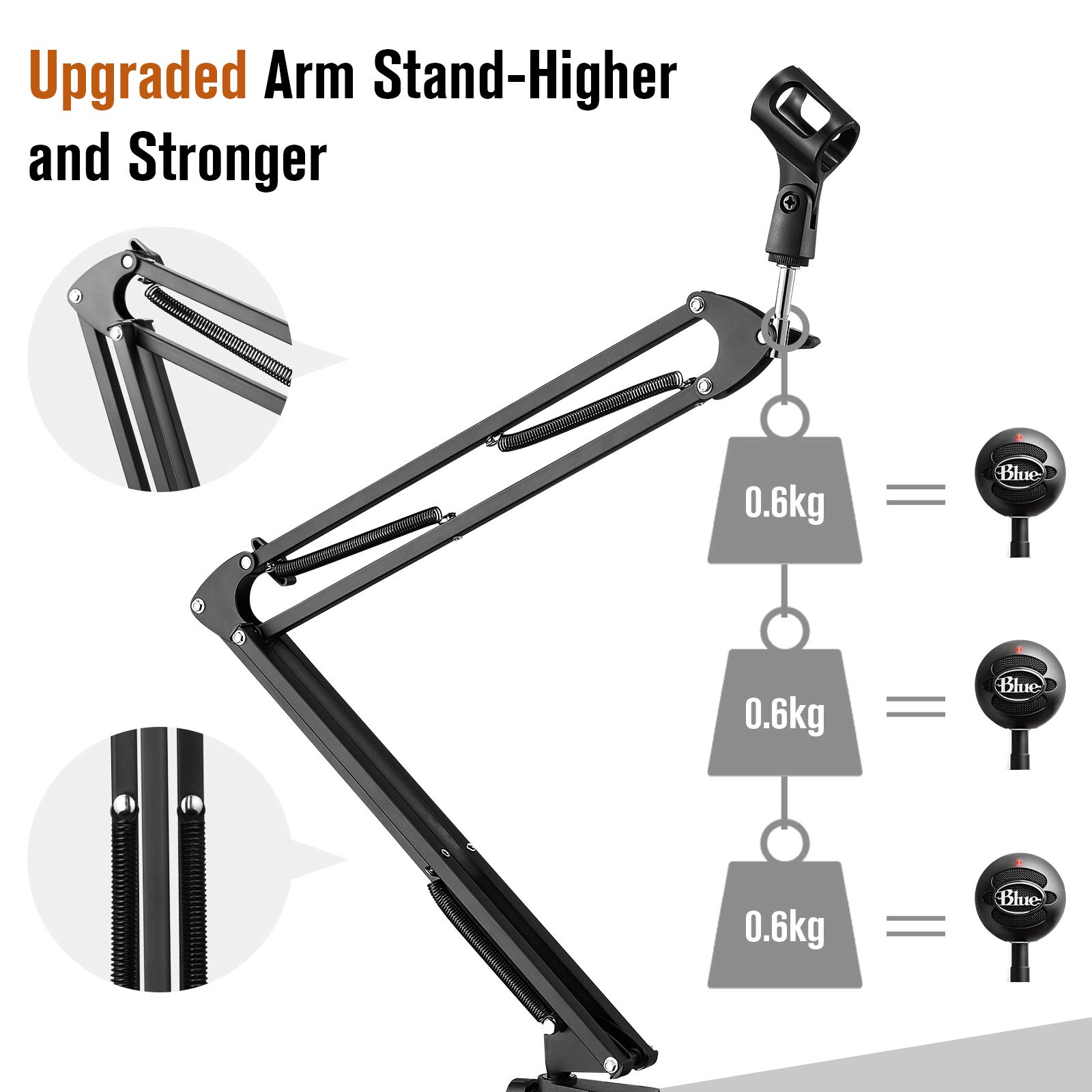 Microphone Stand, EJT Multi-Accessories Adjustable Boom Arm, Mic Stand for Blue Yeti Snowball and Other Mics(Upgrated)
