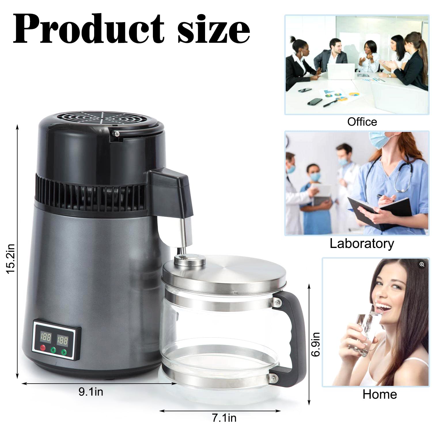 Water Distiller w/ Glass Container;750W,1.1Gal/4L Capacity;Distill Water up to 0.26Gal/1L per Hour and About 6Gal/23L per Day(Dual Temperature Display / Gray)
