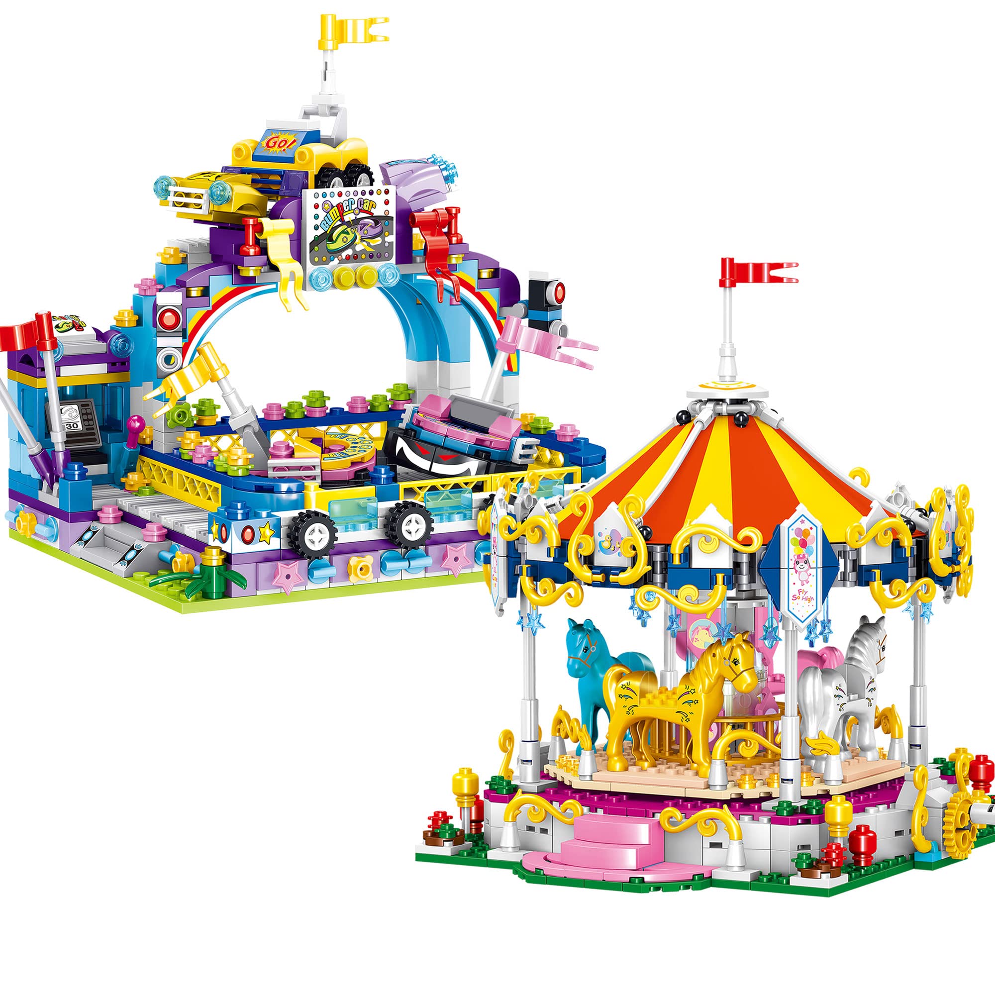 SEMKY Mini Blocks Fairground Carousel and Bumper Cars 2 in 1 Model Set, with 4 Figures (1380Pieces) -Building Toys Gifts for Kid