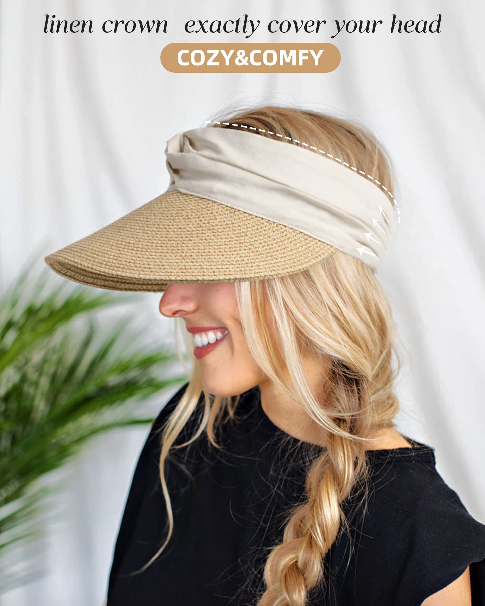 Straw Sun Visor Hats for Women Beach Summer Sun Hat Wide Brim Sun Hats for Women Foldable UPF 50 Womens Visor with Big Tie Khaki-Black