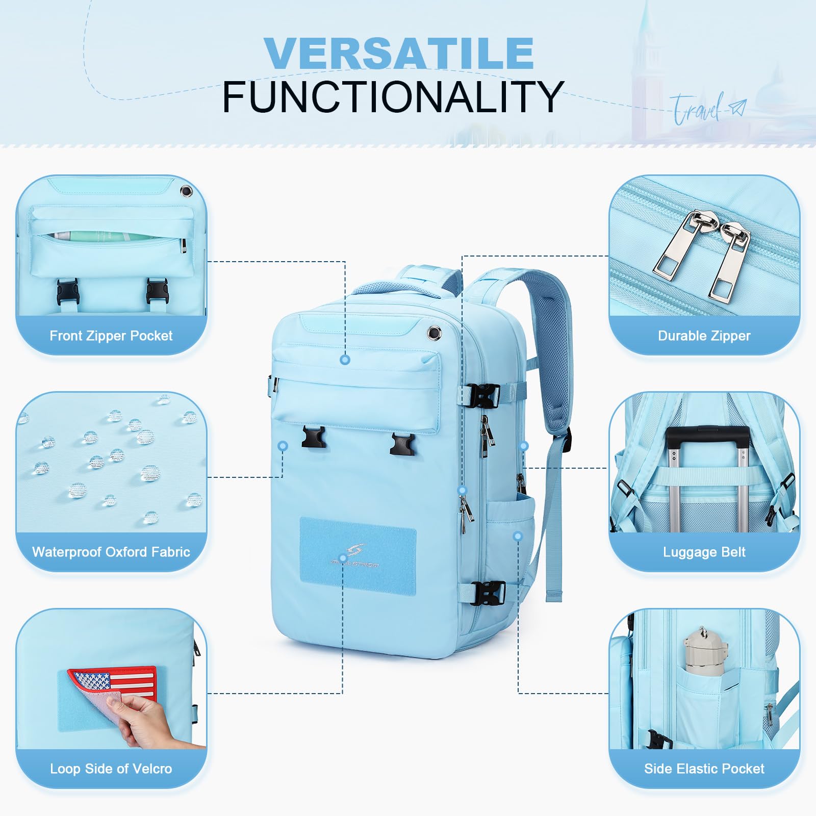 Maelstrom Travel Backpack for Women Men,35L Laptop Backpack Fits 17-Inch Laptop,Waterproof Carry On Backpack for Airplanes with Detachable Crossbody Bag&Shoe Compartment,Light Blue, Large