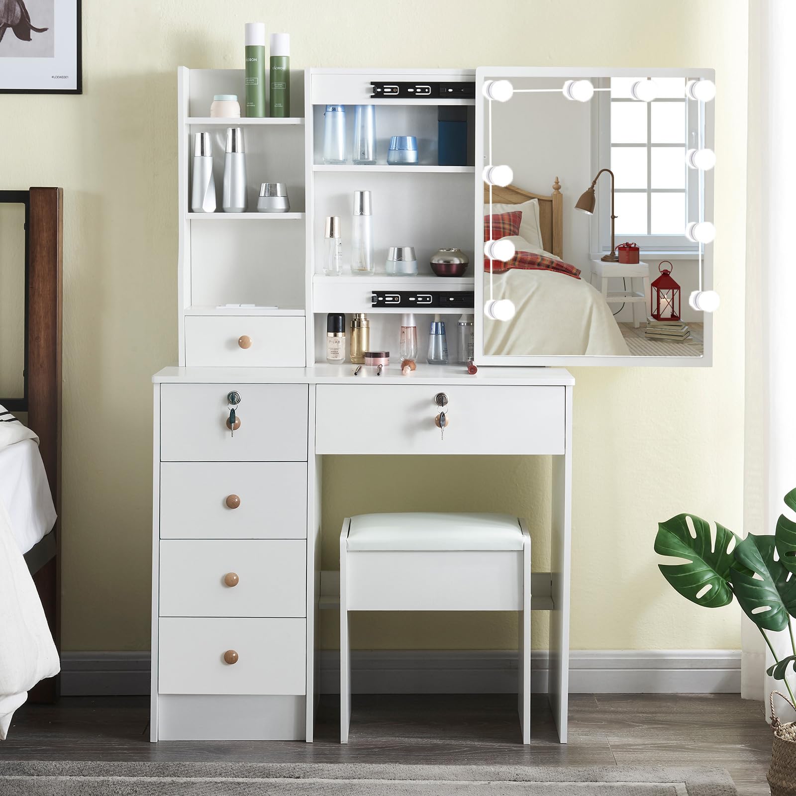Lucaseone Makeup Vanity Desk with Lights Mirror, Vanity Desk with Sliding Mirror and 5 Drawers,Storage Shelves,Vanity Table for Bedroom (961905usb)