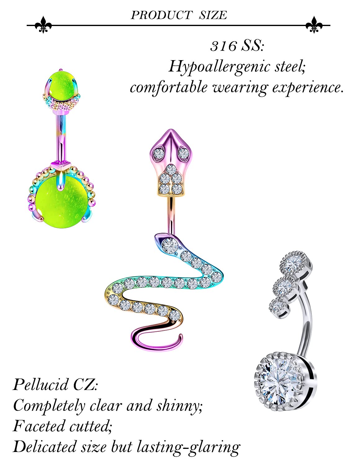 Rksndnn 14G Belly Button Rings Dangle for Women Stainless Steel Piercing Jewelry Snake Reverse Spiral With Clear Cz Navel Ring Body Rainbow (DNN-006)