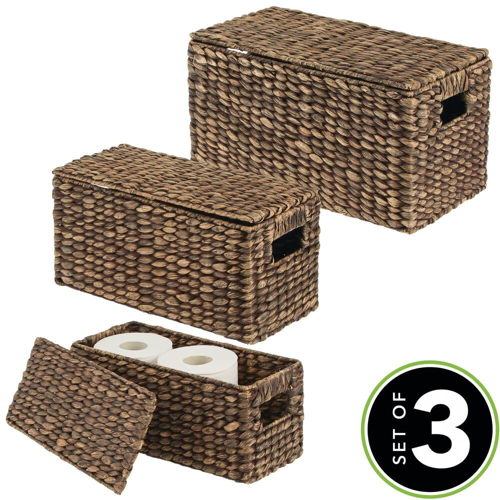 mDesign Woven Water Hyacinth Rectangle Storage Organizer Basket Bin with Topper Lid and Handles - Natural Farmhouse Holder Containers for Closet, Bedroom, Bathroom, Office - Set of 3 - Dark Brown