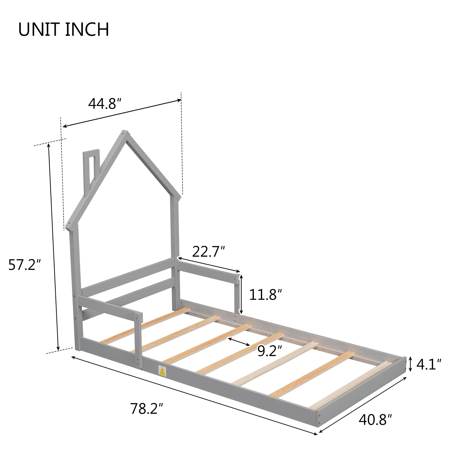Zyerch Twin House-Shaped Headboard Floor Bed with Handrails,Wooden Bed Frame with Slat for Kids, Teens, Boys Or Girls,Grey