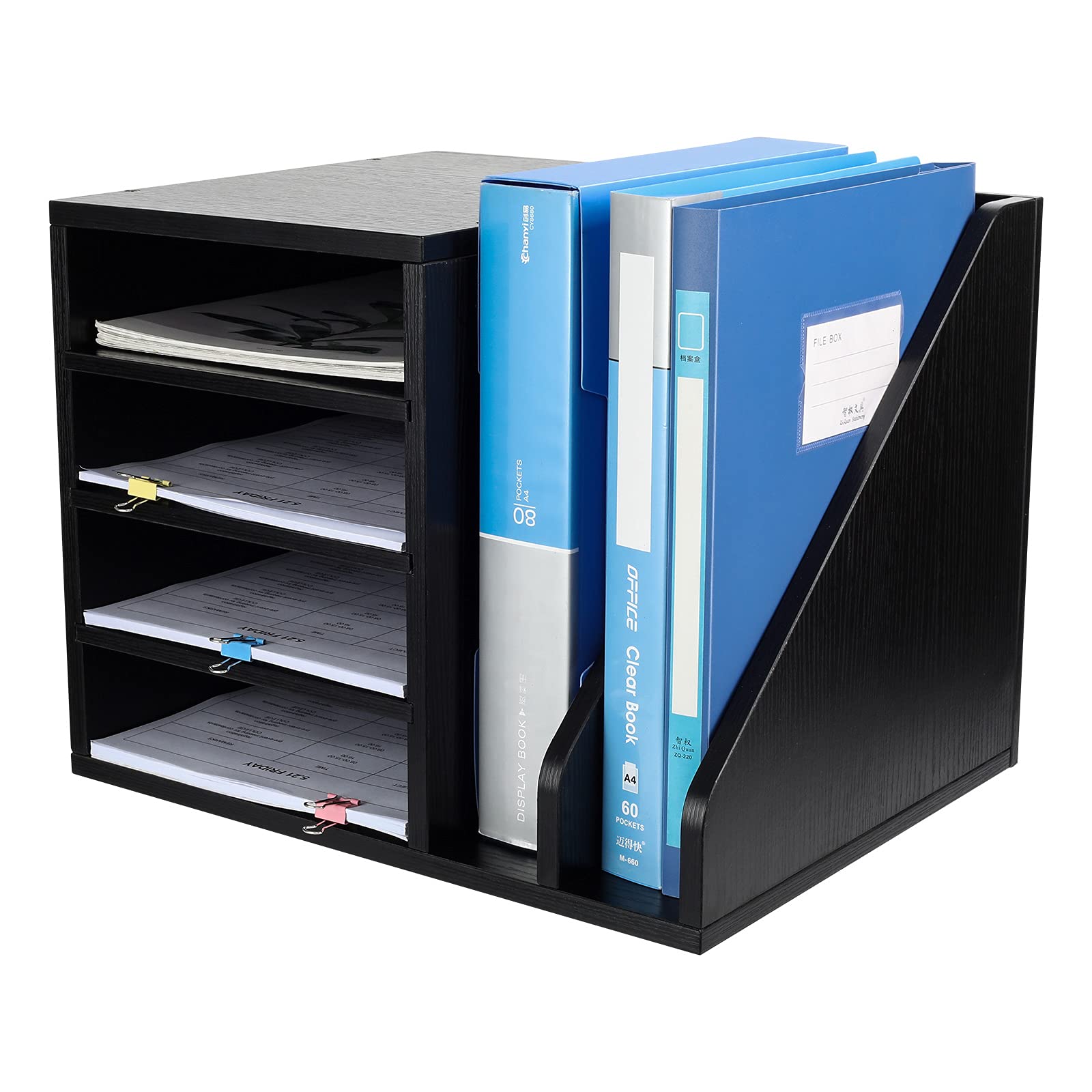 PAG Wood Desktop File Holder Organizer Mail Sorter for File Folders, Mails, Envelopes, Mailing Supplies or Magazines, Black