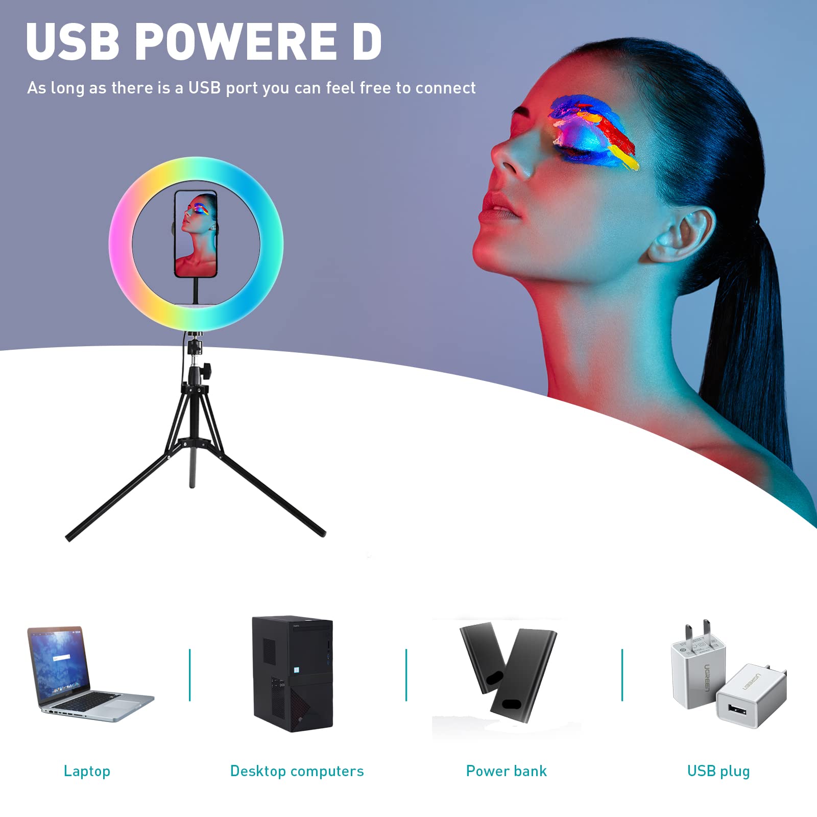 Selfie Ring Light, 10 inch RGB Ring Light with Stand, More Than 20 Colors Modes Dimmable Ring Light with 3 Phone Holder Suitable for Tiktok,YouTube/Shooting/Live