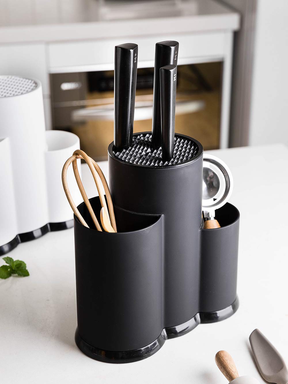 MDZF SWEET HOME 3-in-1 Kitchen Utensil Holder Set with Knife Block without Knives, Large Kitchen Tools Flatware Holder Organized Utensil Drying Cylinder, Black