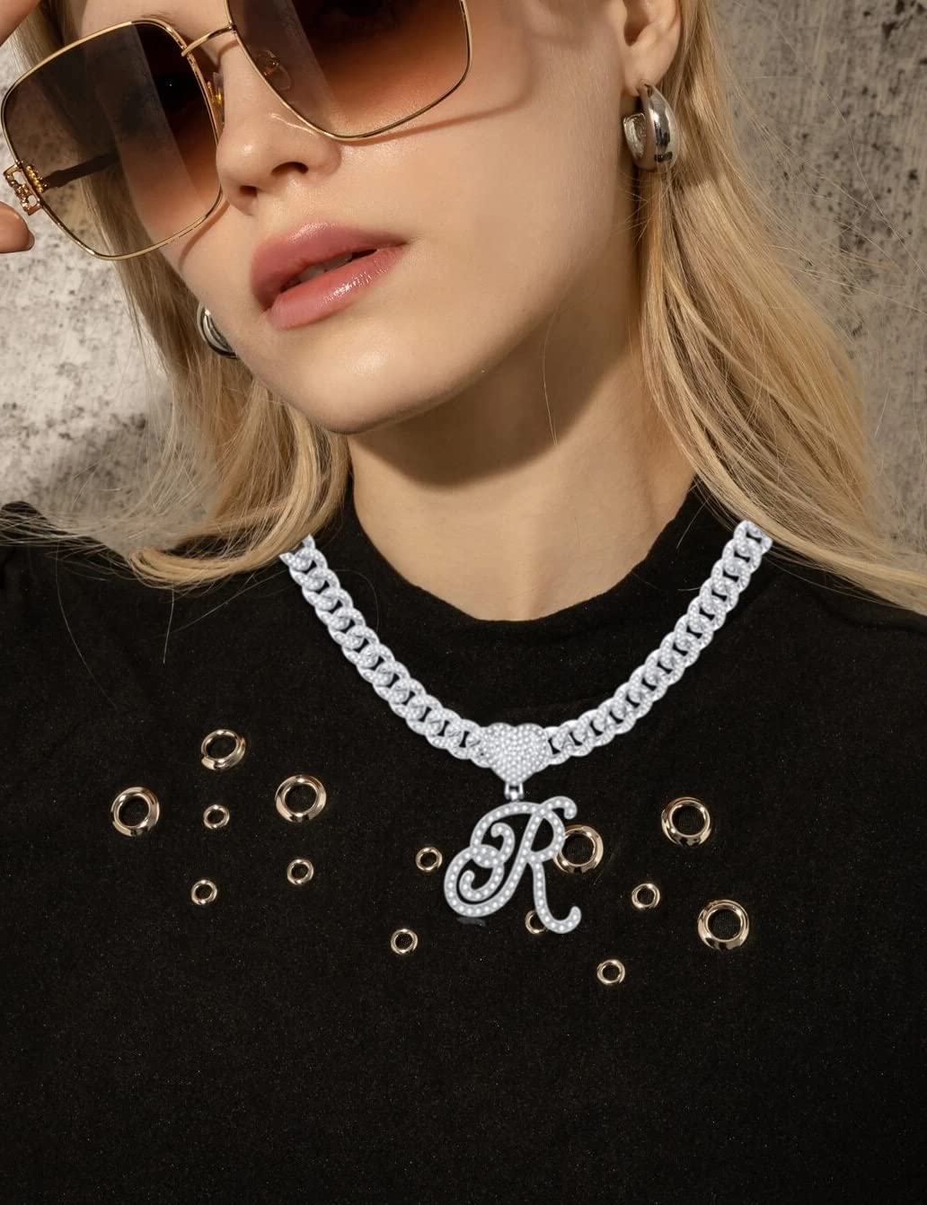 RLMOON Cursive Silver Initial Necklace for Women Miami Iced Out Cuban Chain Choker Necklace Diamond Initial Heart Pendant Letter Necklace Alphabet Hip Hop Jewelry M