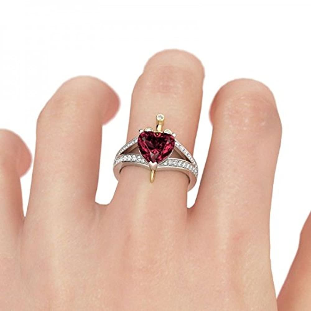 RUDRAFASHION Heart & Round Cut Red Garnet & Dia 10K Two-Tone Gold Over Silver Snow White Dagger Engagement Ring For Women's (6.5)