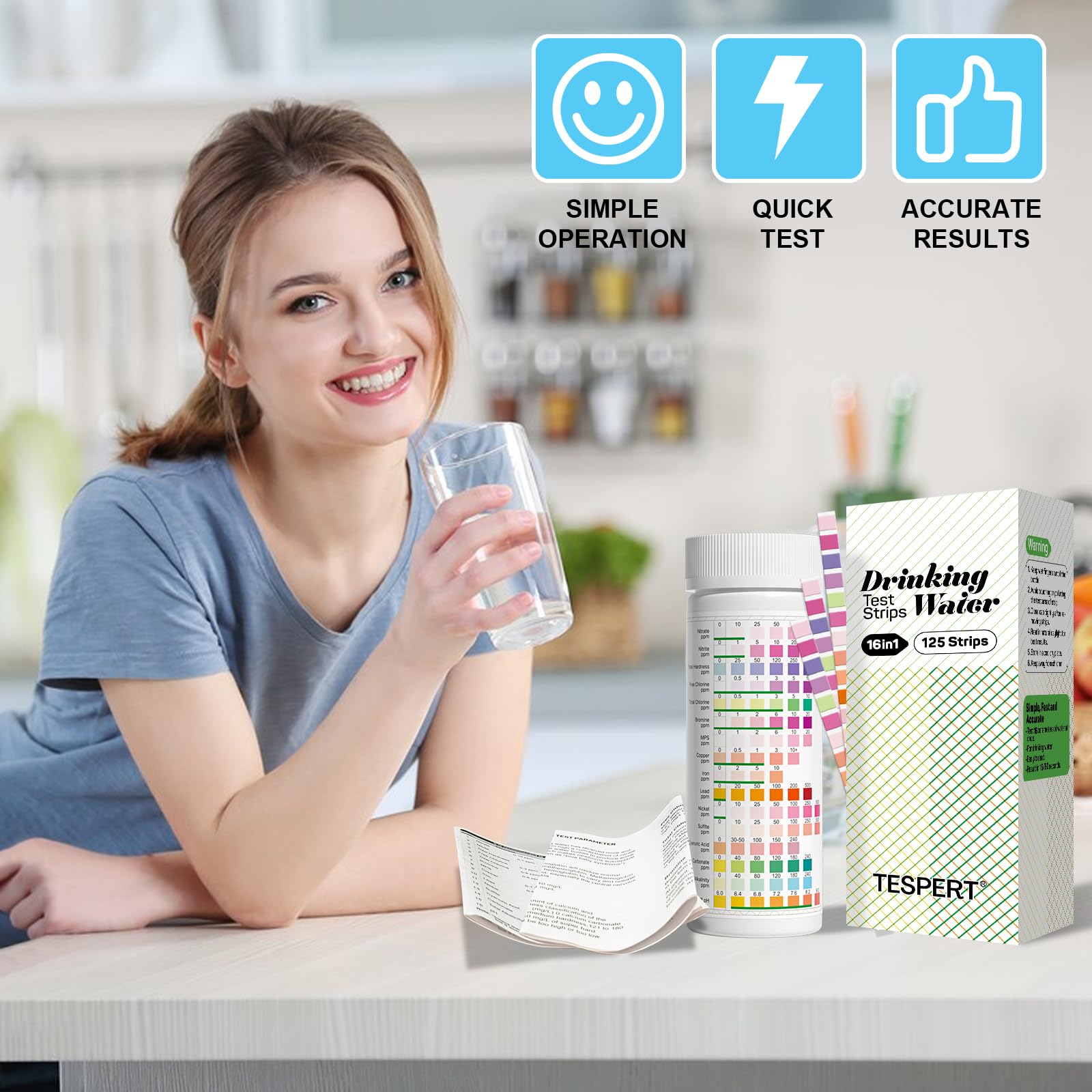 Water Testing Kits for Drinking Water: 125 Strips 16 in 1 Well and Drinking Water Test Kit, TESPERT Water Test Strips with Hardness, pH, Lead, Iron, Copper, Chlorine, and More