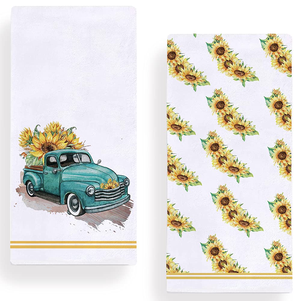 Set of 2 Watercolor Sunflower Kitchen Dish Towel 18 x 28 Inch, Seasonal Spring Summer Sunflower Truck Tea Towels Dish Cloth for Cooking Baking