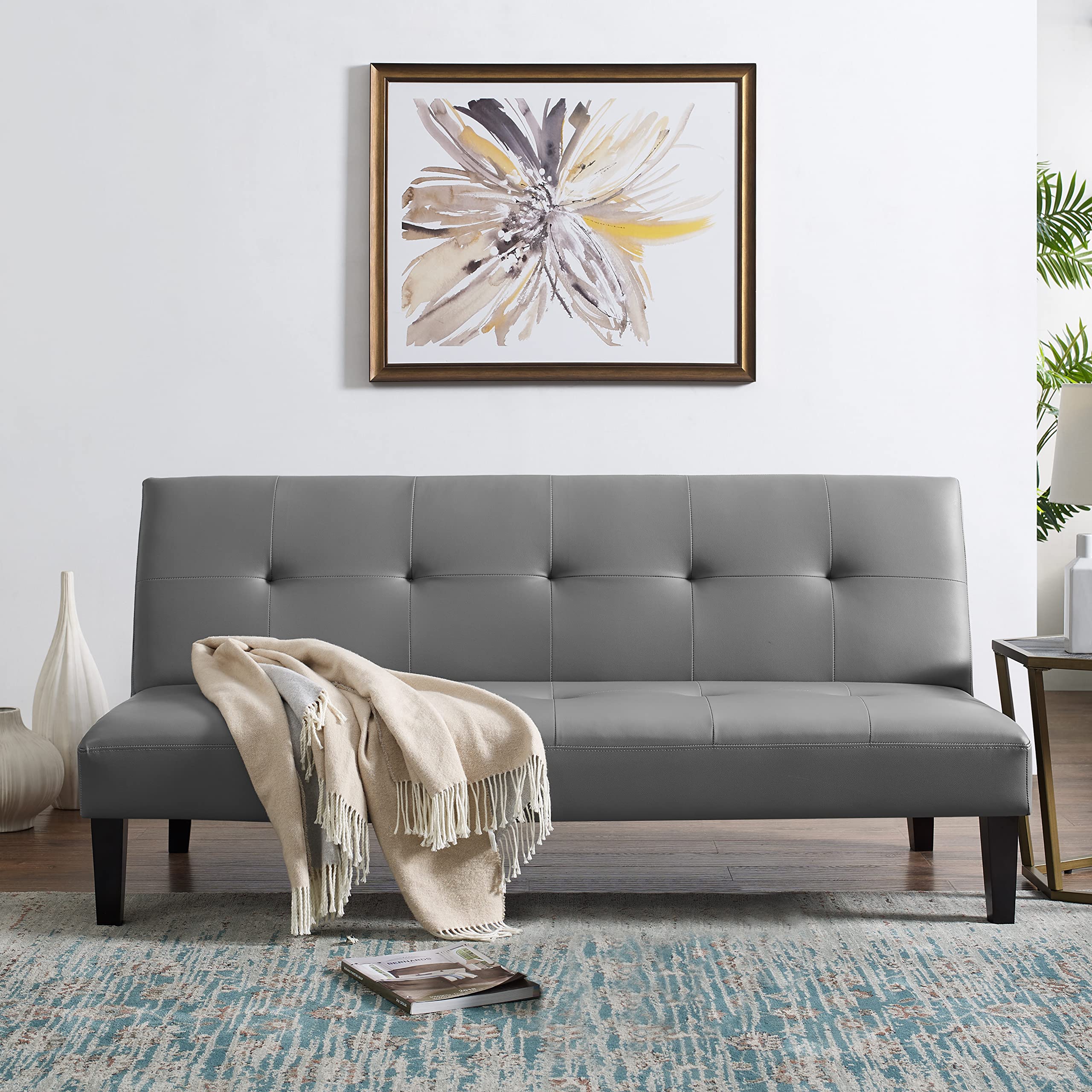 Naomi Home Durable Futon: Perfect for Both Couch Bed and Small Futon Sturdy Build Modern Faux Leather Futon Couch - Low-Maintenance Upholstery - Customizable Positions - Easy AssemblyGray