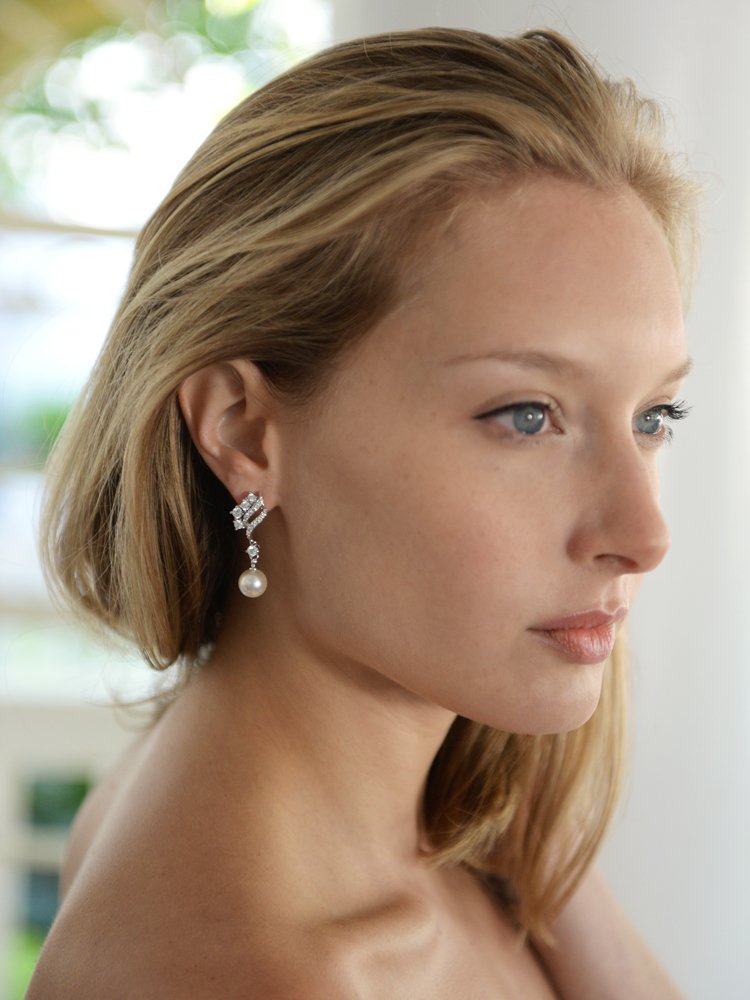 Mariell Pearl Drop Wedding Bridal Earrings, Cubic Zirconia and Pearl Drop Earrings for Brides, Bridesmaid