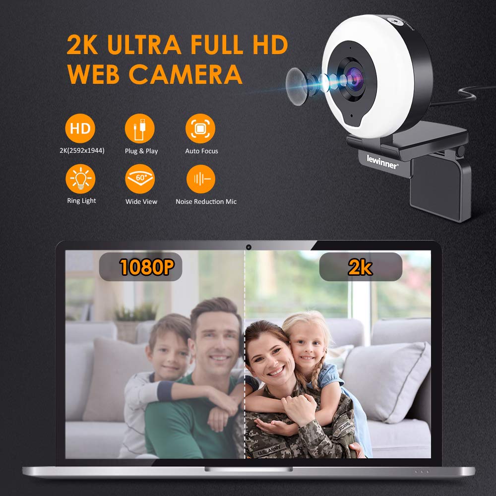 lewinner 2K Webcam with Ring Light & Tripod & Microphone, HD Streaming Web Camera with Cover-USB AutoFocus Adjustable Brightness PC Video Conference/Teaching, Laptop/Desktop Mac
