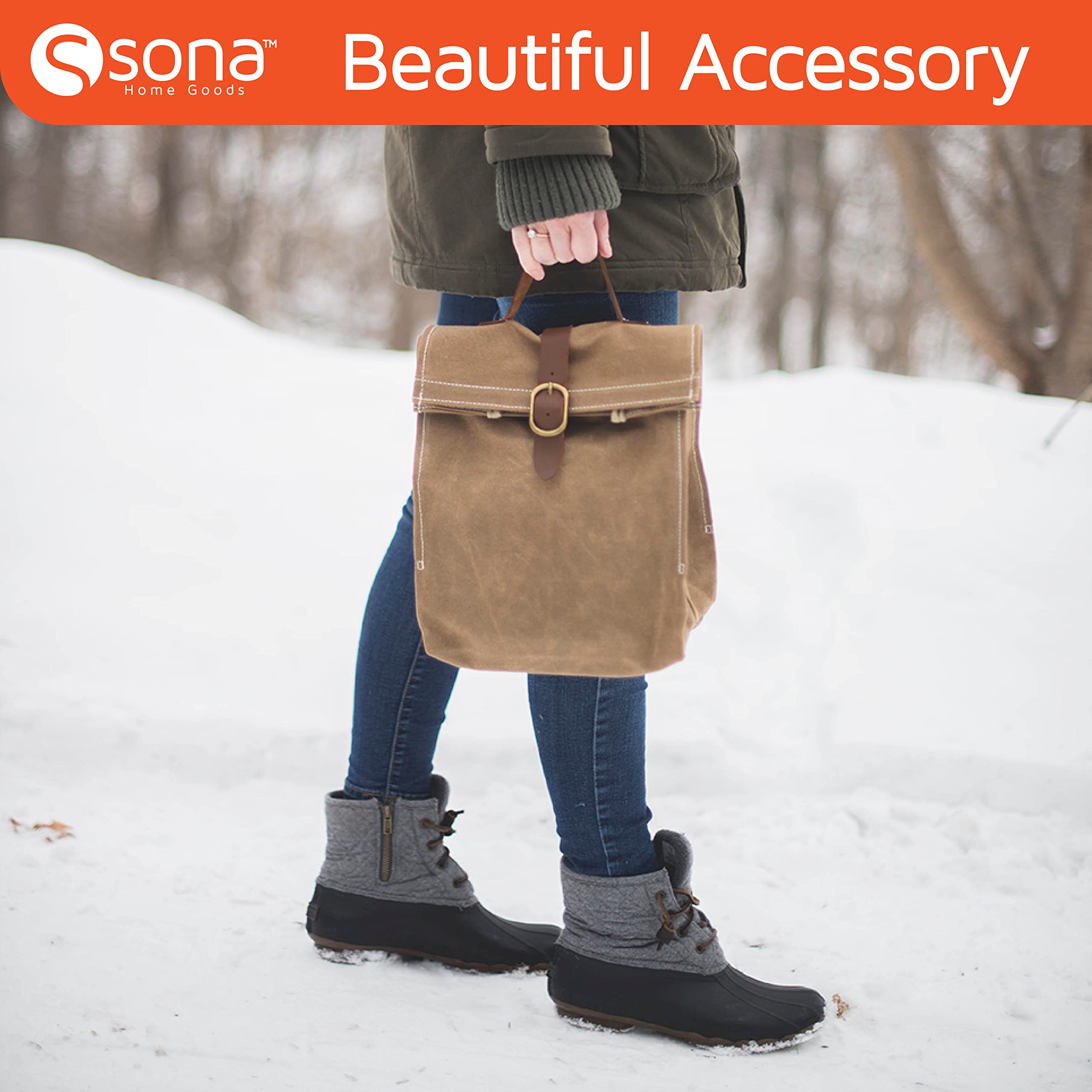 S SONA HOME GOODS Waxed canvas lunch bag, ecofriendly, reusable, brown, for women or men. The perfect large heavy duty lunch box for meal prep, work, or travel.