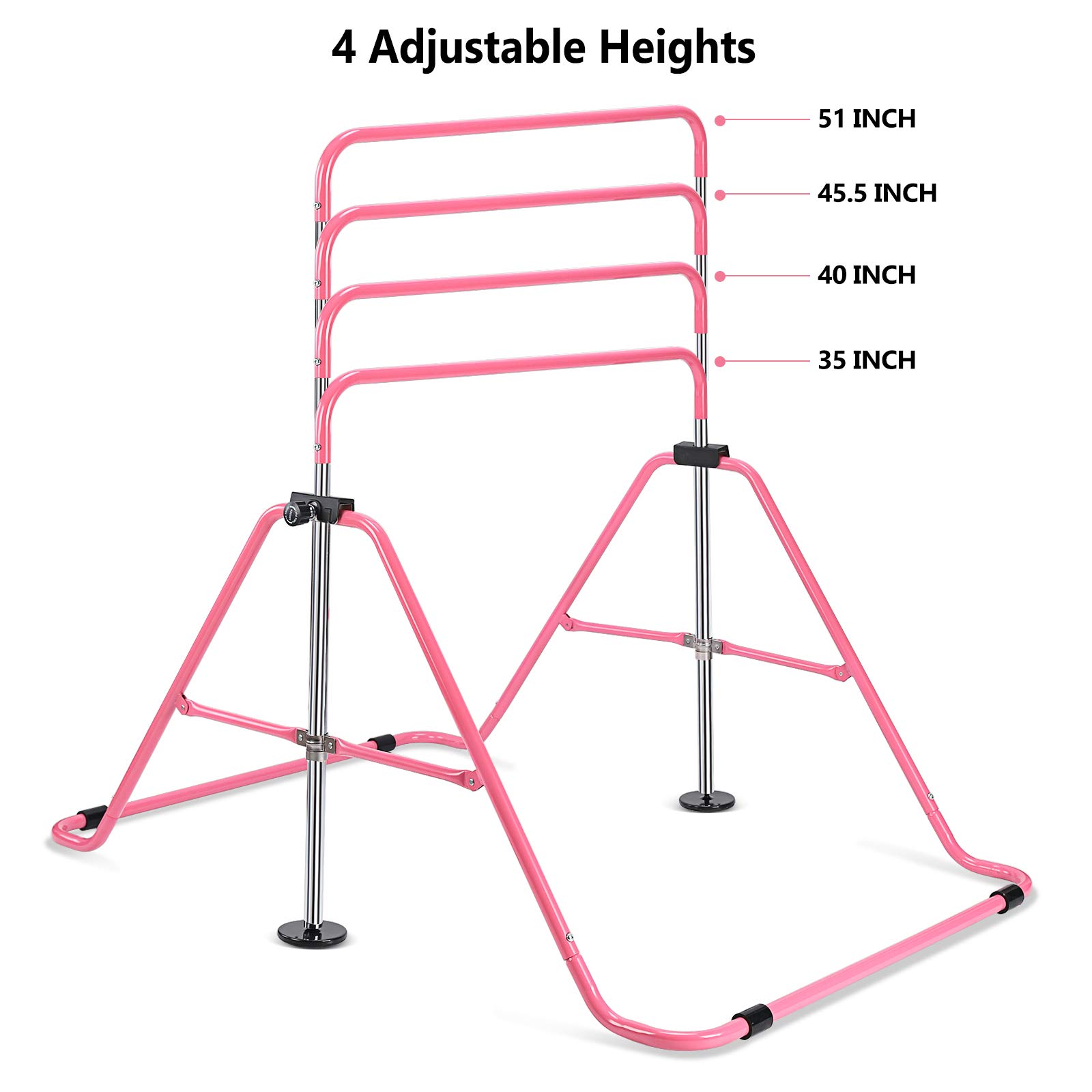 NW Heng&En Expandable Gymnastics bar for Home, Height Adjustable Folding Improved Stronger Gymnastic bar,pink,Height: 35’’ - 51’’ Dimension: 42.5’’-58.5’’
