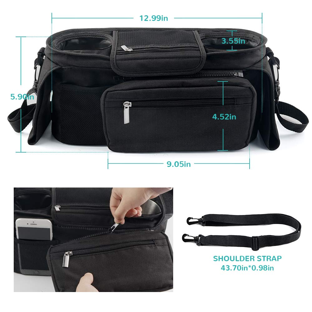 Mestron Universal Stroller Organizer Bag with Insulated Cup Holder- Detachable Zippered Bag & Adjustable Strap, Fits for All Baby Stroller Models like Uppababy, Baby Jogger, Britax, Bugaboo