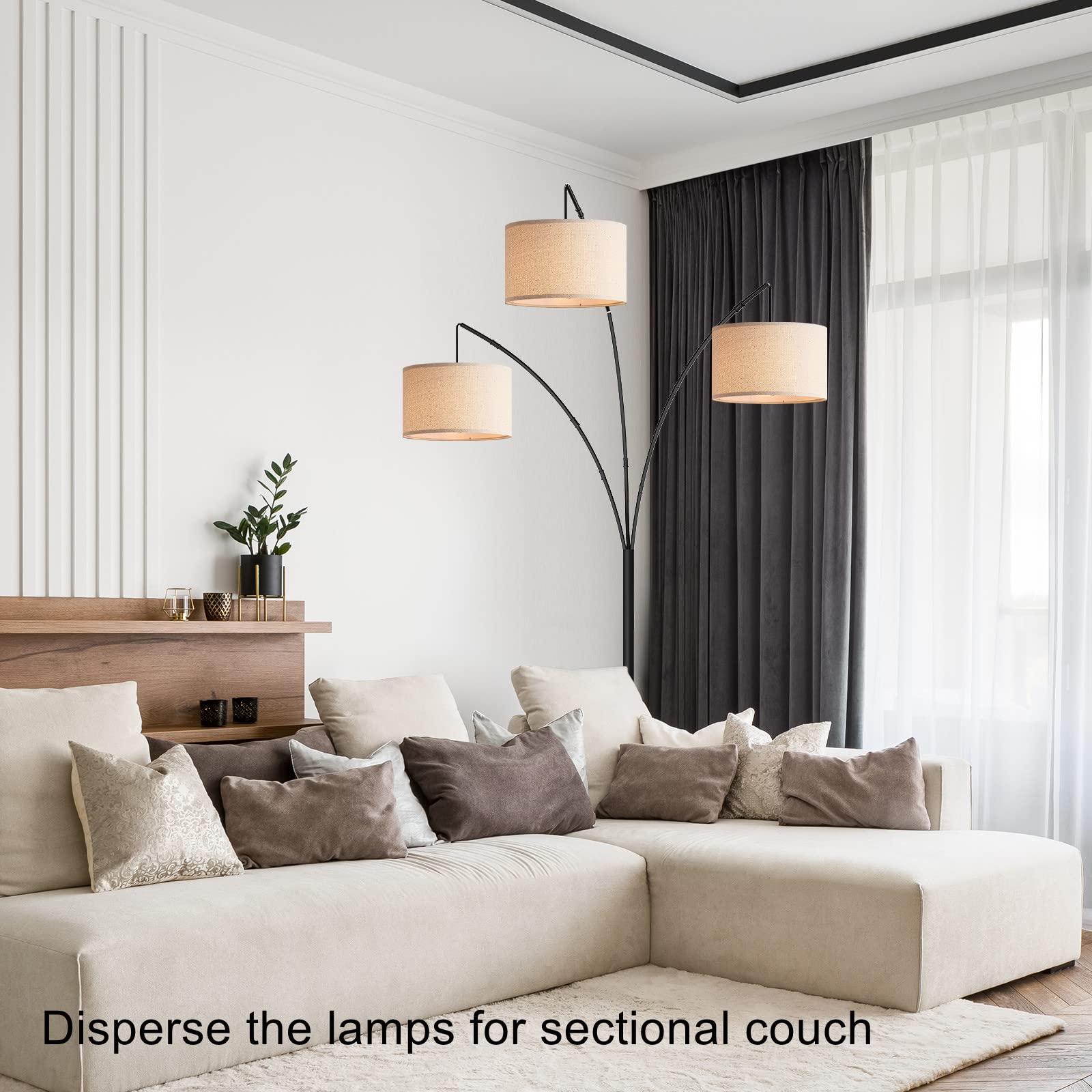 PARTPHONER Arc Floor Lamps for Living Room, Modern Black Floor Lamp Tall Standing Lamps, Multi-Arm Trilage Arched Floor Lamp for Bedroom Lounge Home Office, Light Beige Shades
